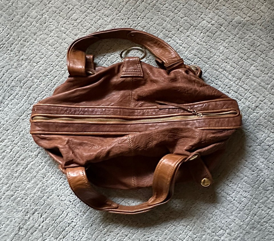 Gustto Large Baca Leather Satchel Handbag in Tan Caramel With Gold ...