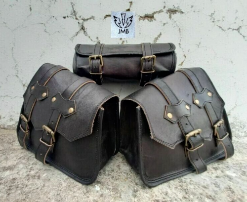 Motorcycle Leather Pouch Panniers Black Side Saddle Bag Saddlebags Bags ...