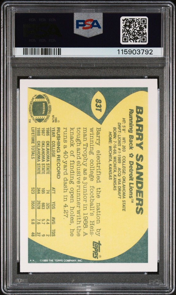 1989 TOPPS TRADED #83T BARRY SANDERS ROOKIE RC PSA 10 AUTO 10 | eBay