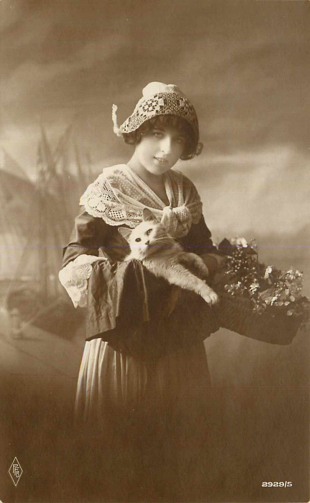 Postcard RPPC Woman Holds Basket of Flowers Cat Paul Fink Berlin PFB ...