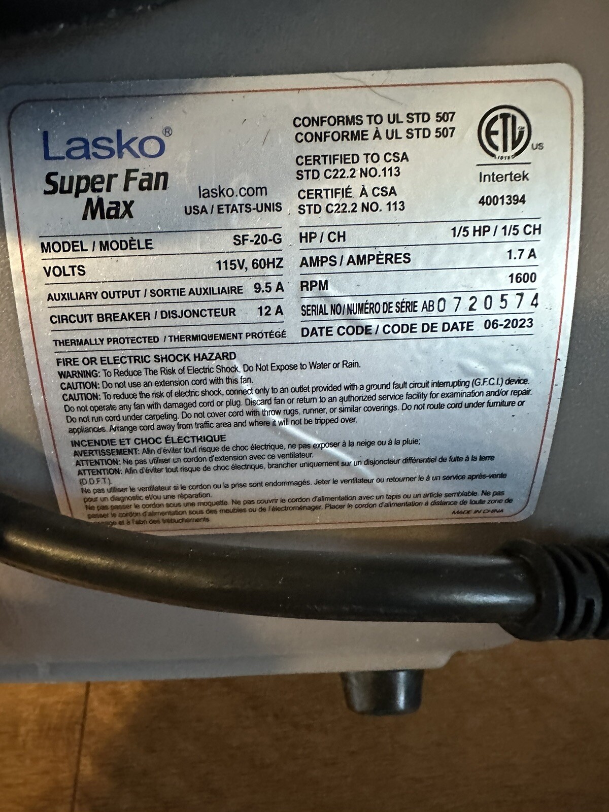 Lasko Super Fan Max Air Mover Bought in October 2023, Only Used for One ...