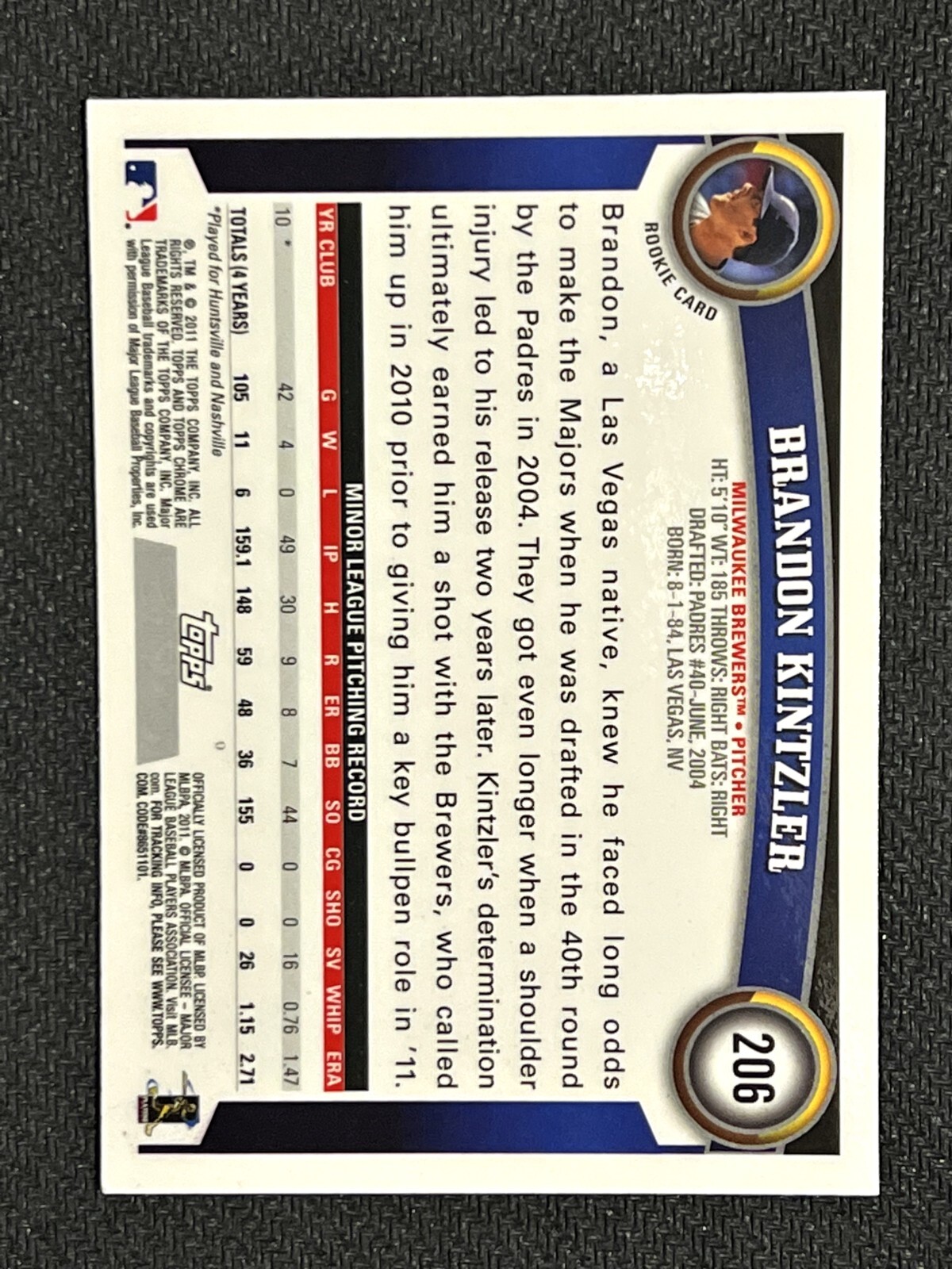 2011 Topps Chrome Baseball Rookie Card Brandon Kintzler Milwaukee ...