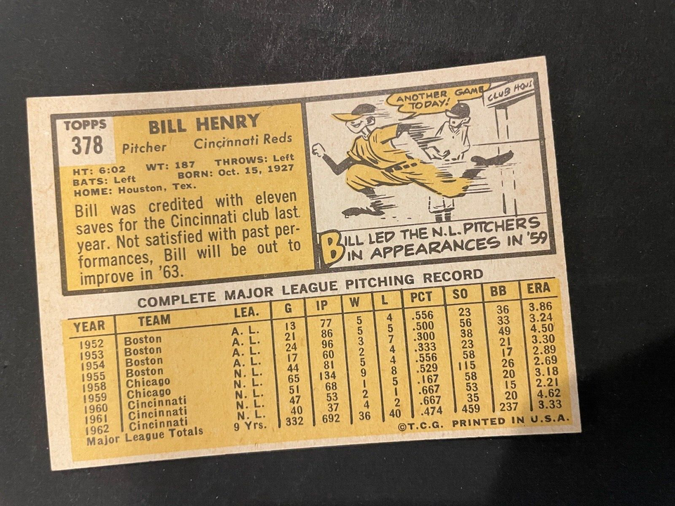 1963 TOPPS #378 BILL HENRY CINCINNATI REDS BASEBALL CARD NM/MT | eBay