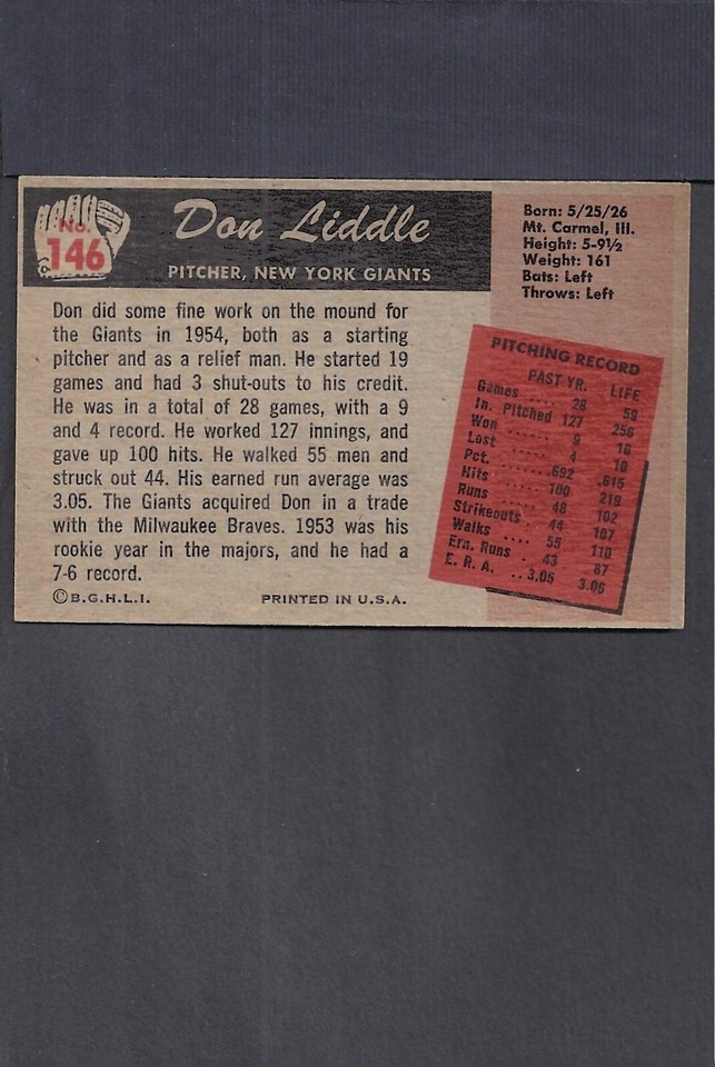 1955 BOWMAN #146 DON LIDDLE-1--GIANTS--NO CREASES--EX/MT/NR/MT++ | eBay