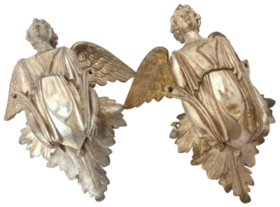 19TH PAIR Antique Religious Winged Angel Putti Statue Silverplate ...