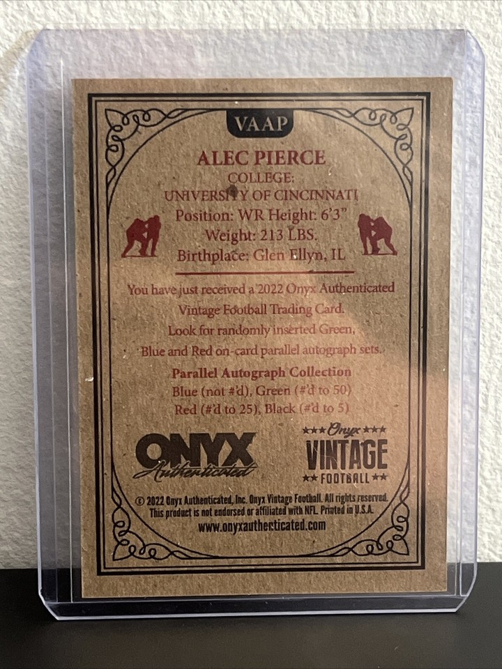 2022 Onyx Vintage Alec Pierce Rookie RC Blue Ink On Card Auto #VAAP ...