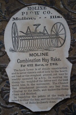 Moline Plow Company Hay Rake Victorian Trade Card Farm Implement ...