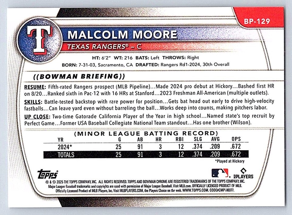 MALCOLM MOORE RANGERS RC 1st card 2025 BOWMAN PROSPECTS #BP-129 | eBay