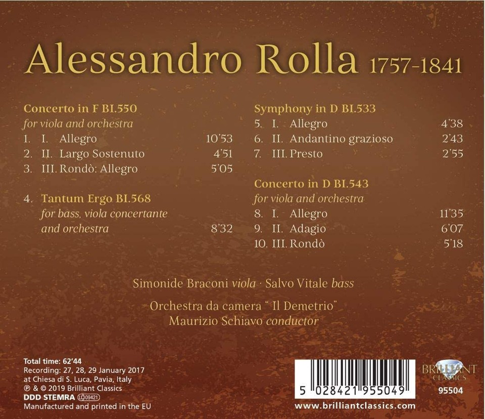 ALESSANDRO ROLLA Viola Concertos, Symphony in D, Tantum ergo CD NEW ...