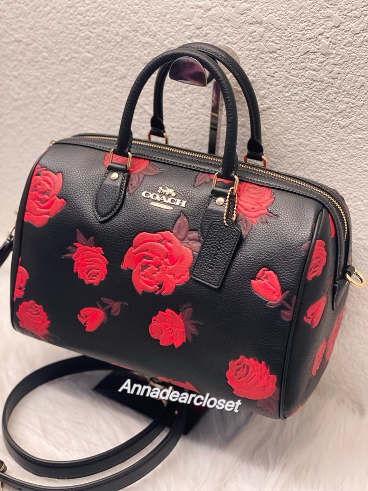 Coach Rowan Large Satchel Bag With Floral Print CCE27 Black/Red | eBay