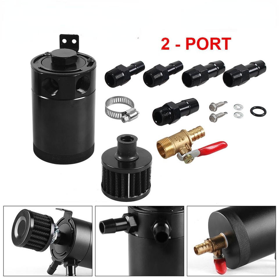 Billet Aluminum Oil Catch Can Baffled 2 Port Reservoir Tank Drain Valve ...