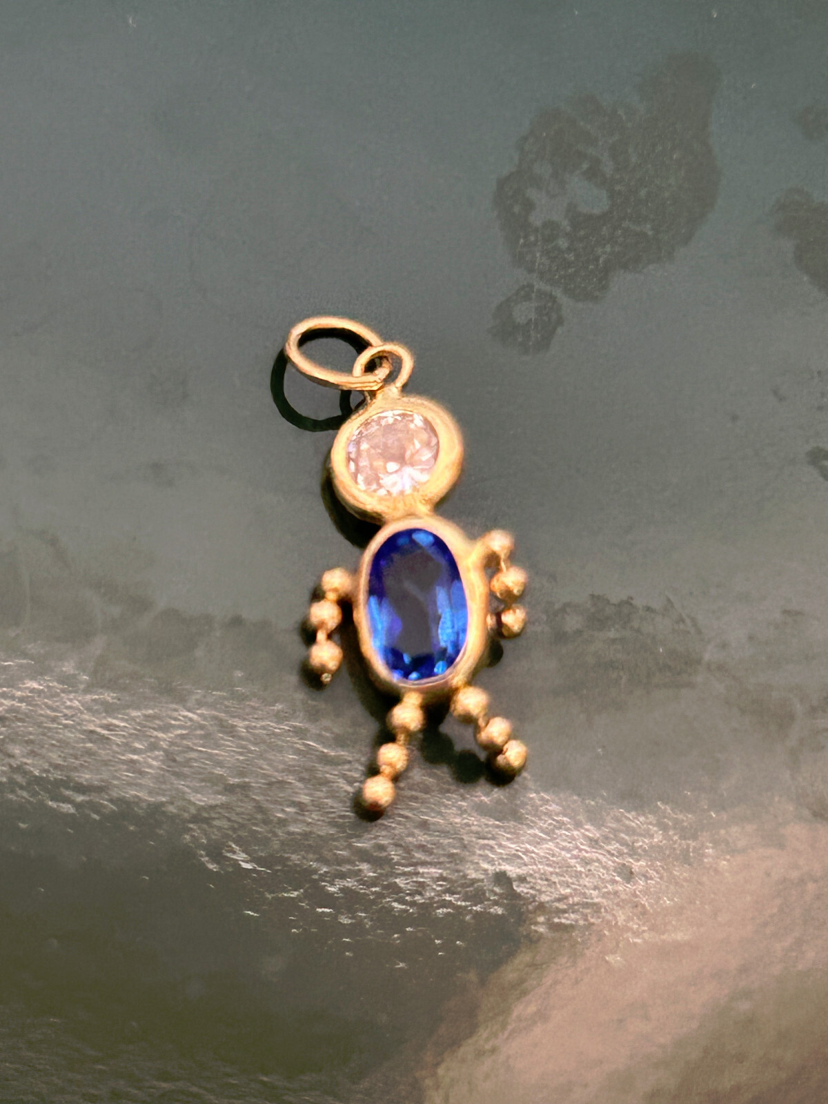 14k GOLD BOY CHARM 3/4" WHITE AND BLUE STONES - Gem