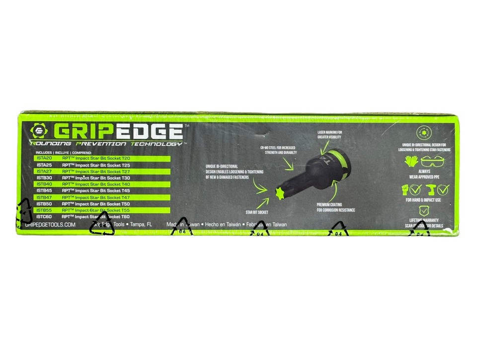 Grip Edge 10pc RPT Impact Torx/ Star Bit Socket Set w/ Rail T-20 to T ...