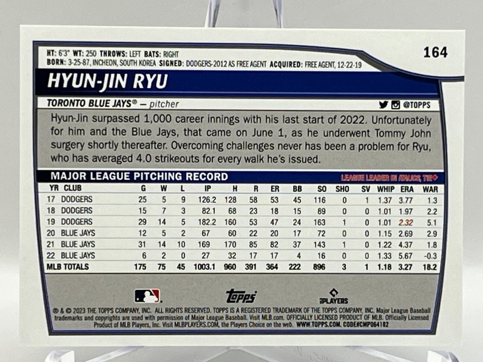 2023 Topps Big League Baseball Card #164 Hyun-Jin Ryu - Toronto Blue ...