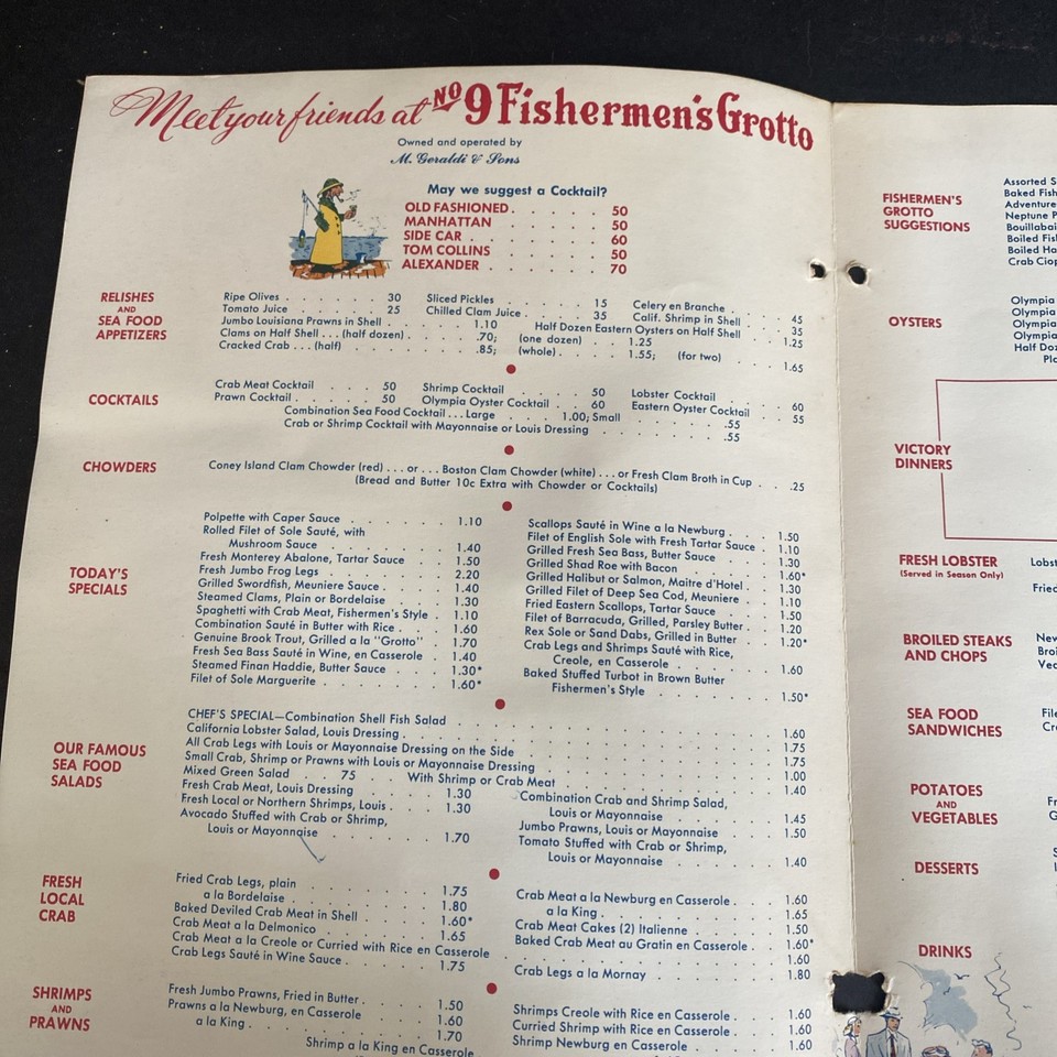 Fishermen’s Grotto Restaurant Menu No. 9 Fisherman's Wharf San ...