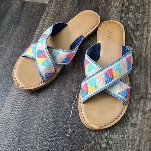 Toms Womens Viv Slide Sandals Multi Color Triangle Woven Straps Flats ...