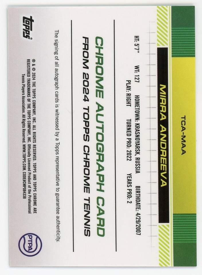 2024 Topps Chrome Tennis Mirra Andreeva Auto RC Rookie Card #TCA-MAA | eBay