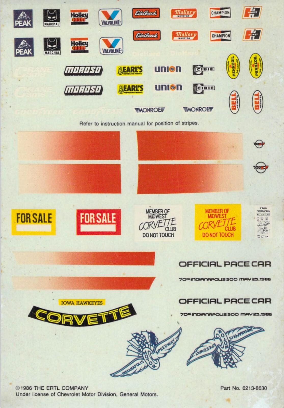 vintage decals for Ertl part no. 6213-8630 decals for Official pace car ...