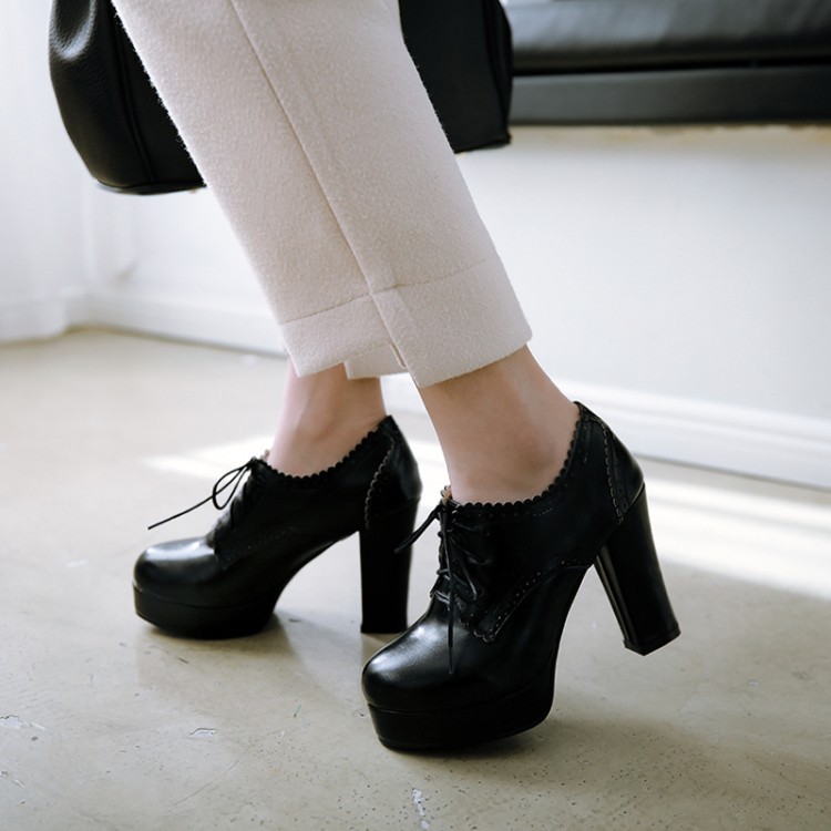 Womens Platform Lace Up Pumps High Block Heels Shoes Casual Plus Size ...