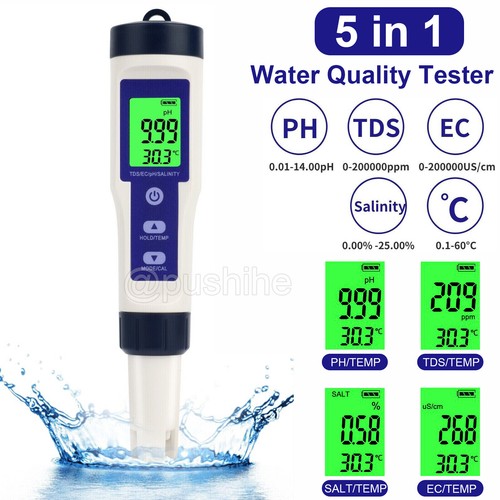 5 In 1 Digital PH/TDS/EC/Salinity/Temperature Water Quality Tester ...