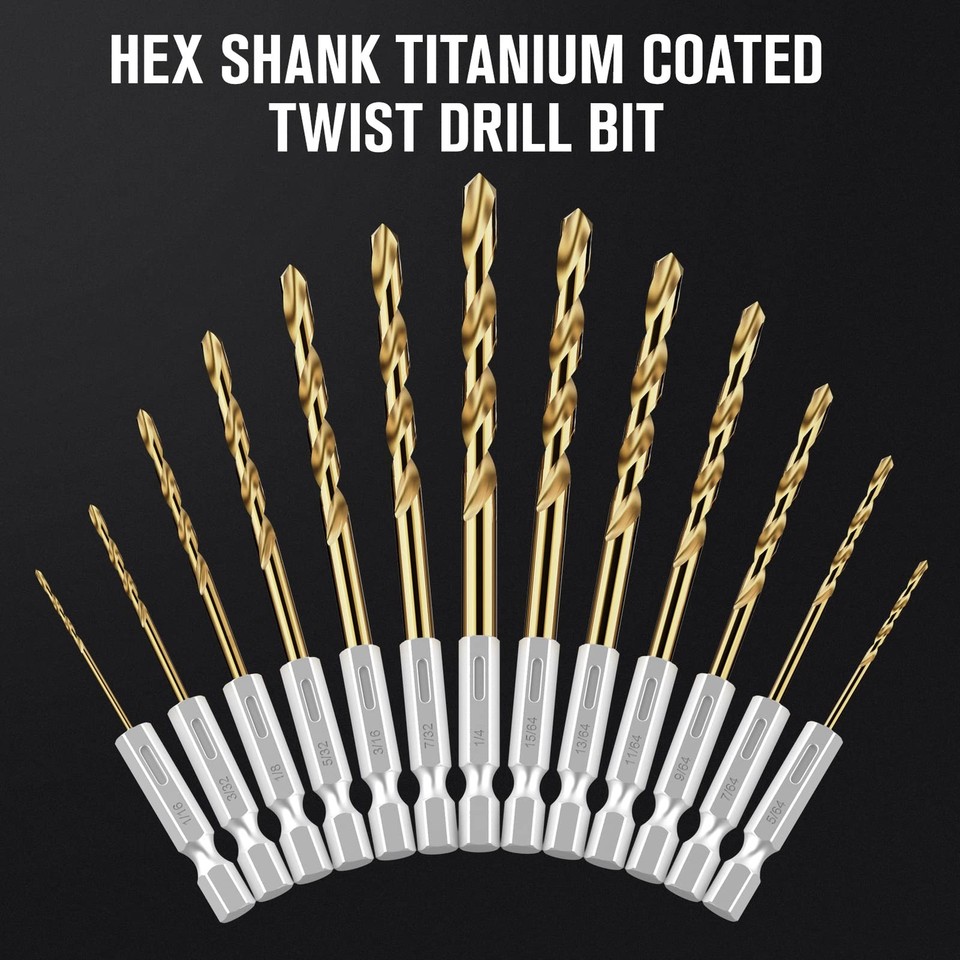 MACXCOIP Hex Shank Drill Bit Set 13Pcs HSS Titanium Twist Drill Bit for ...