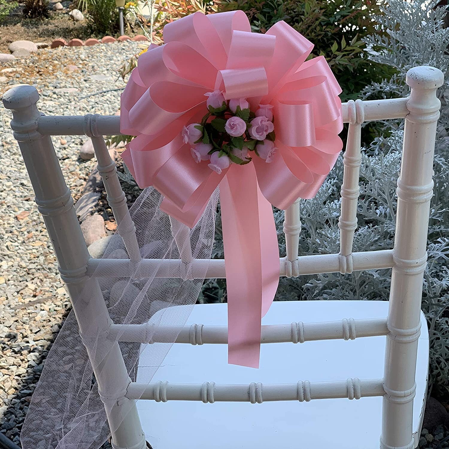 Rose Petal Pink Pull Bows with Tulle Tails and & Rosebuds - 8" Wide ...