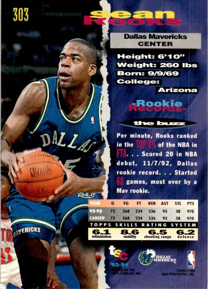 1993-94 Stadium Club Basketball Card Sean Rooks Dallas Mavericks #303 ...