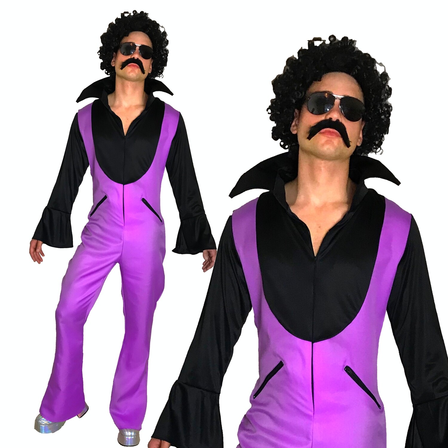 70s Pimp Costume Disco Flares Afro Wig Tash Mens Fancy Dress Jumpsuit ...