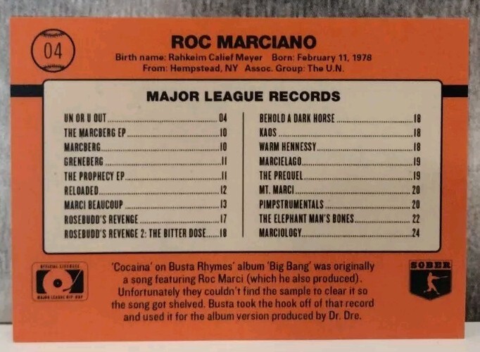 Roc Marciano Limited Edition Hip Hop Baseball Art Card RAP Marcberg ...