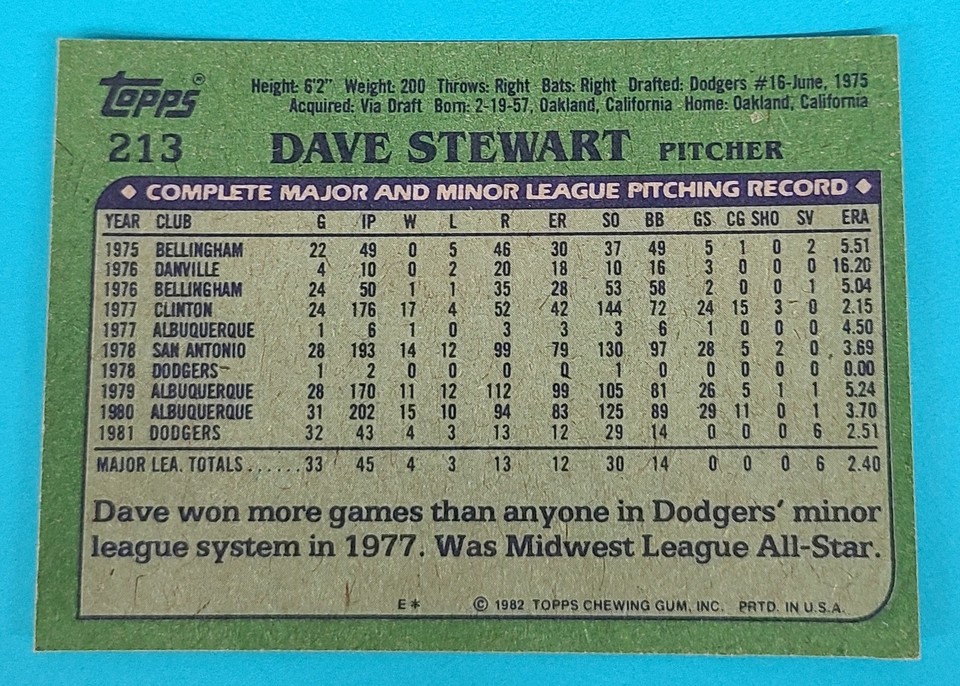 1982 Topps RC #213 Dave Stewart Los Angeles Dodgers BASEBALL Card U6 | eBay