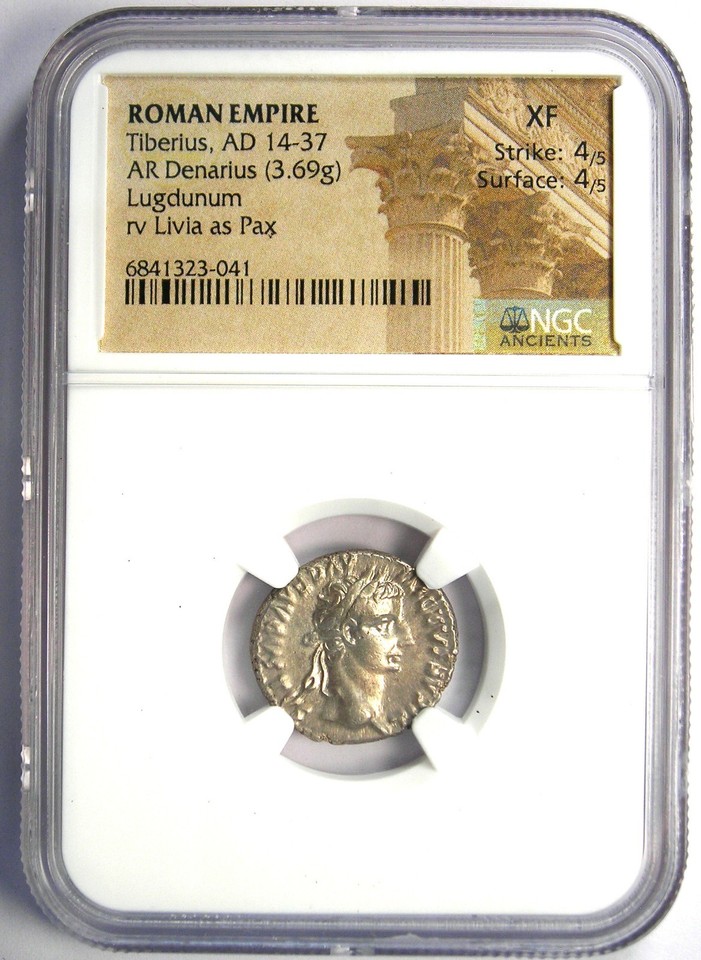 Tiberius AR Denarius Silver Tribute Penny Roman Coin 14-37 AD - NGC XF ...