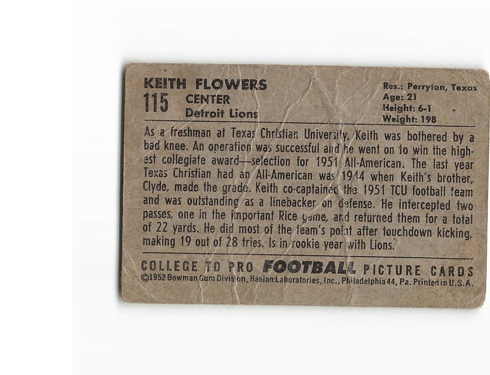 1952 BOWMAN SMALL KEITH FLOWER #115 ROOKIE LIONS TEXAS CHRISTIAN LOW ...
