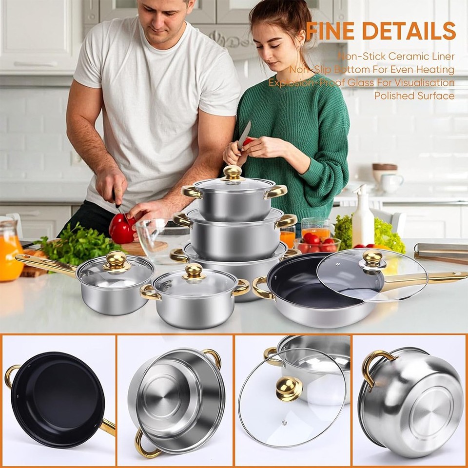 Induction Non Stick Stainless Steel Cookware Cooking Pot Pan With Lids ...