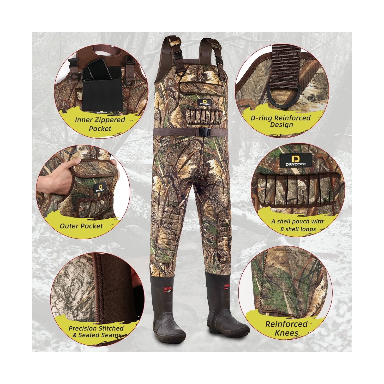 D DRYCODE Chest Waders for Men, Neoprene Fishing Waders with 600G Boots ...