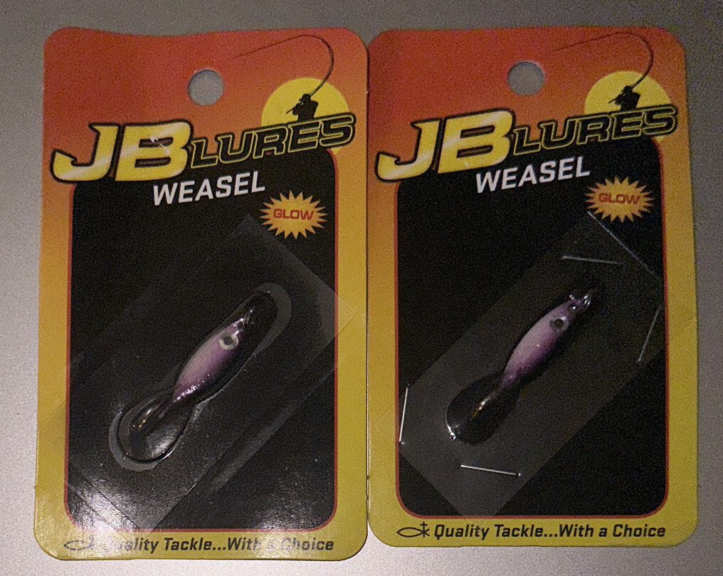 2 Packs JB Lures Mini Weasel Ice Fishing Jigs 1/8oz Purple Black Glow ...