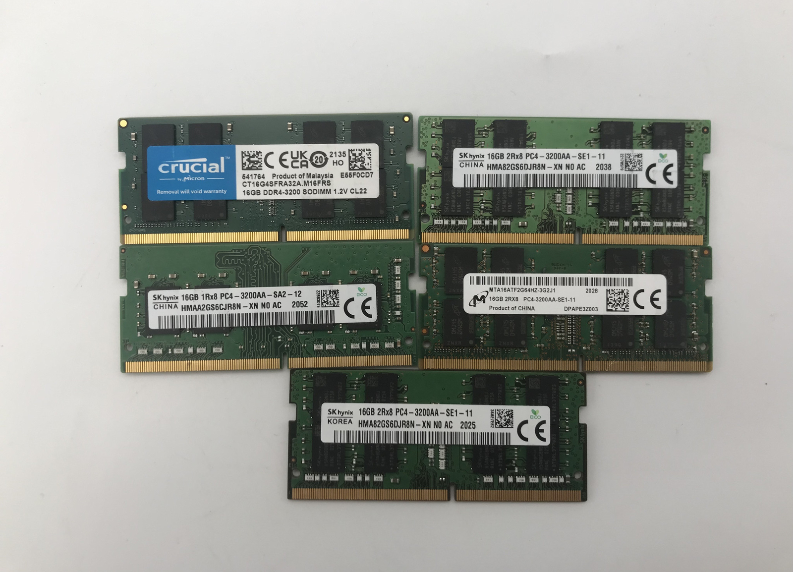 LOT OF 5 16GB 2Rx8 PC4-3200AA DDR4 MIXED BRANDS SODIMM 1.2V MEMORY RAM ...