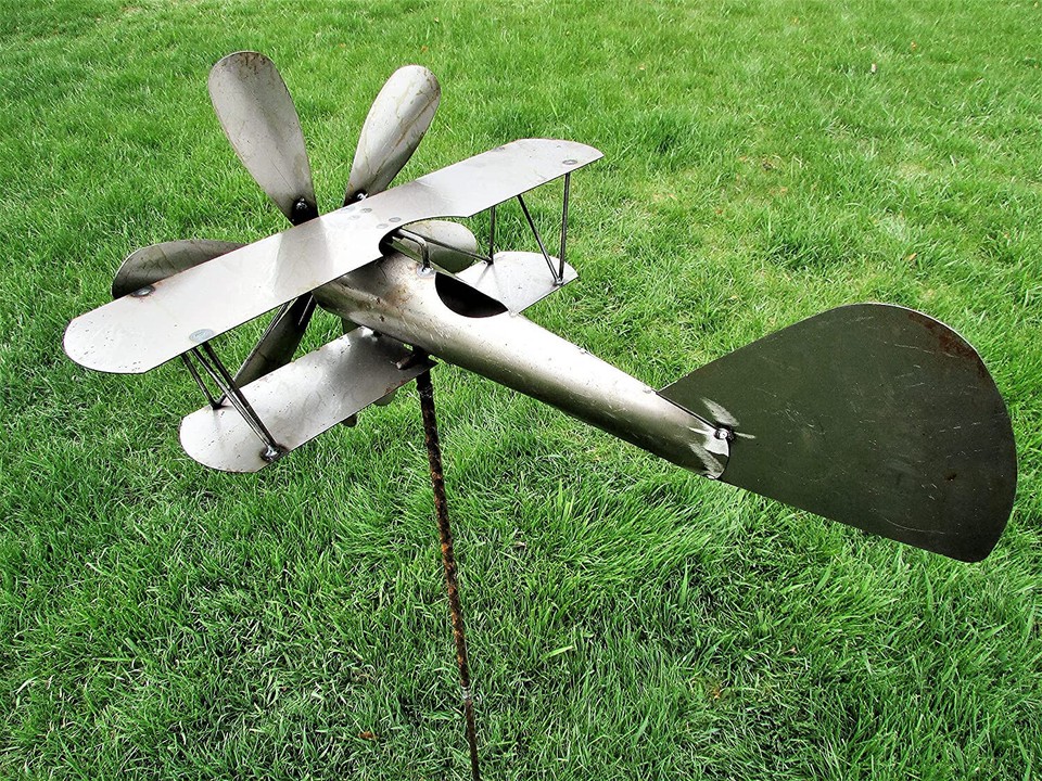Heavy Duty Metal Bi Plane Airplane Spinner Propeller Yard Garden Stake ...