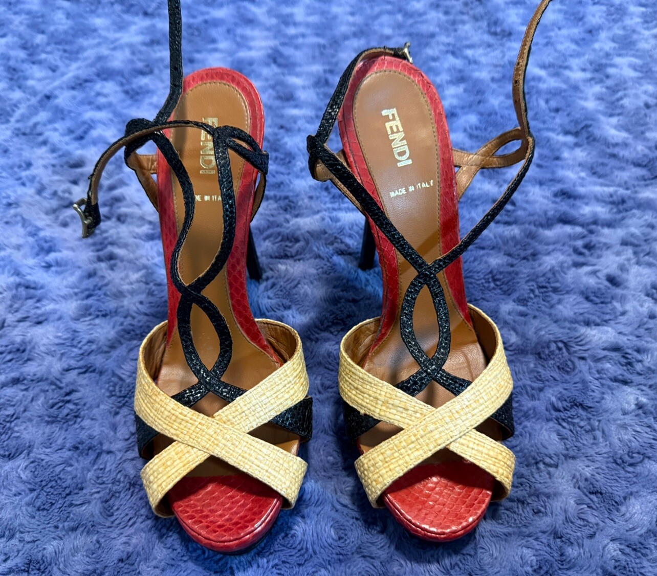 Fendi Tri Color Raffia and Snakeskin Strappy Slingbac… - Gem