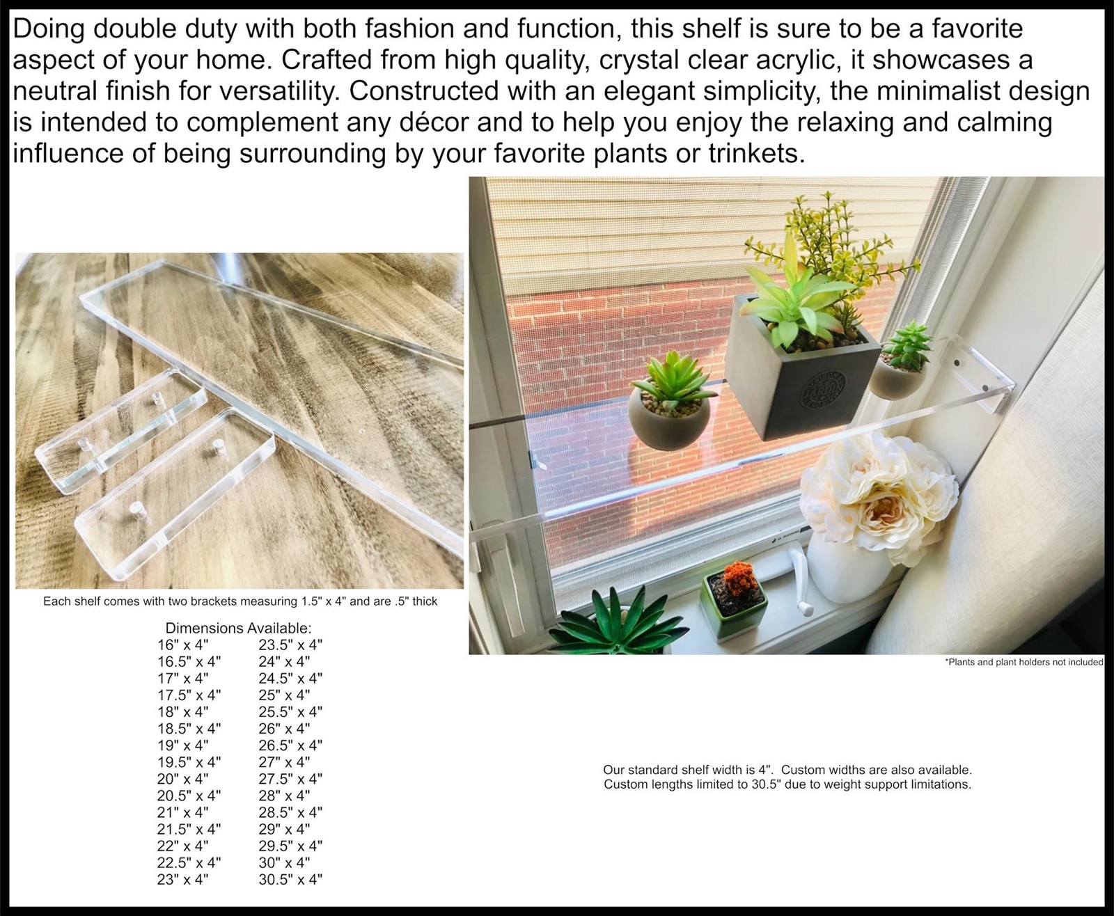 Clear Acrylic Floating Window Shelf for Plants/Collections - Many Sizes ...