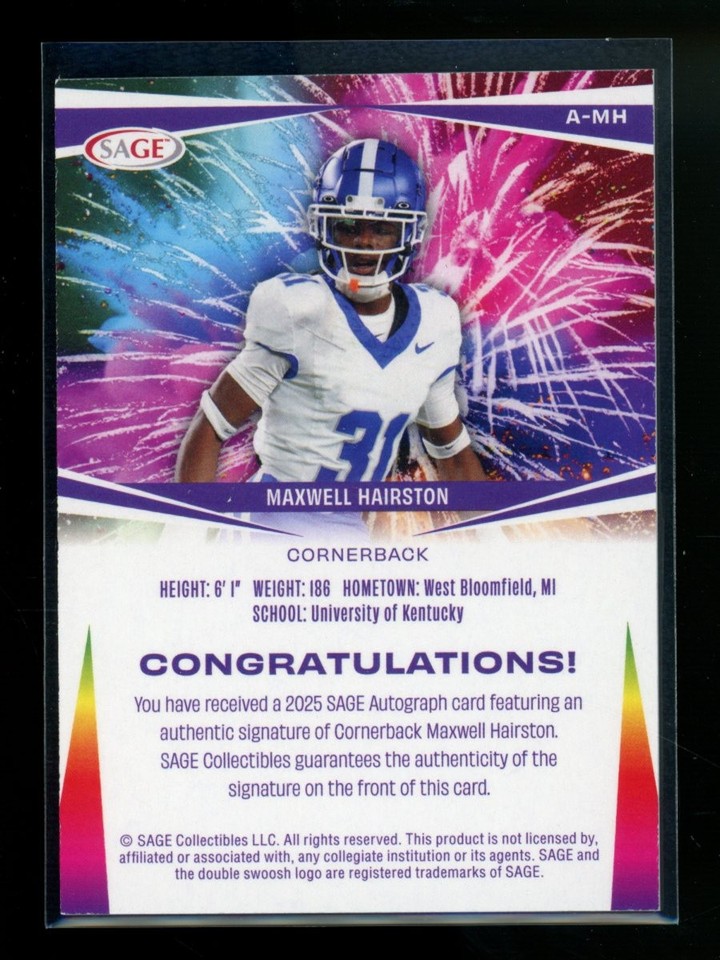 2025 SAGE Maxwell Hairston #A-MH Autograph Football | eBay