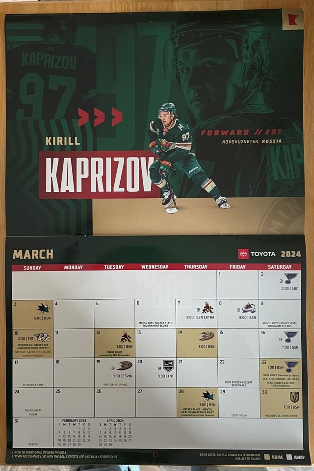 MINNESOTA WILD CALENDAR FROM 2023-2024, RARE ! REALLY COOL ! | eBay