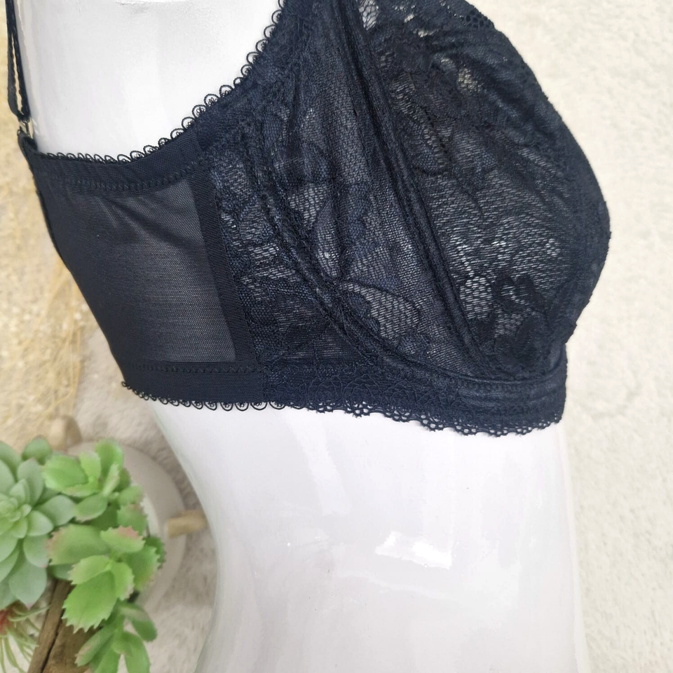 UK Ladies Bra DD+ Floral Net Balcony Bra Wired Non-Padded Black Size ...