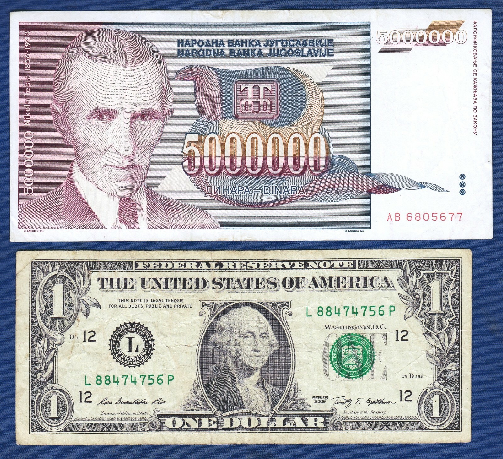 NIKOLA TESLA, Yugoslavia- 5000000 Dinara 1993 + 1 Dollar 2009. USA ...