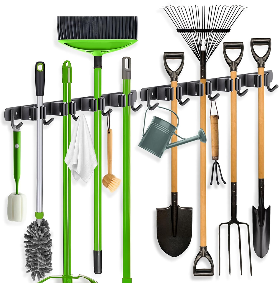 2 Pack Broom Holder Wall Mount, 4 Racks and 5 Hooks Mop Hanger Wall ...