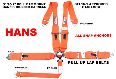CLIP IN HANS HARNESS CAM LOCK RACING BELT SFI 16.1 5 POINT ROLL BAR ...