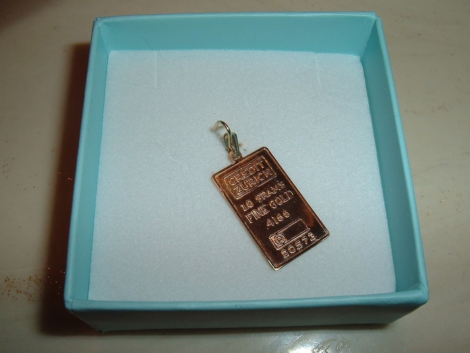 SOLID FINE 10K GOLD .416 BAR 1 GRAM INGOT CREDIT ZURICH PENDANT CHARM ...