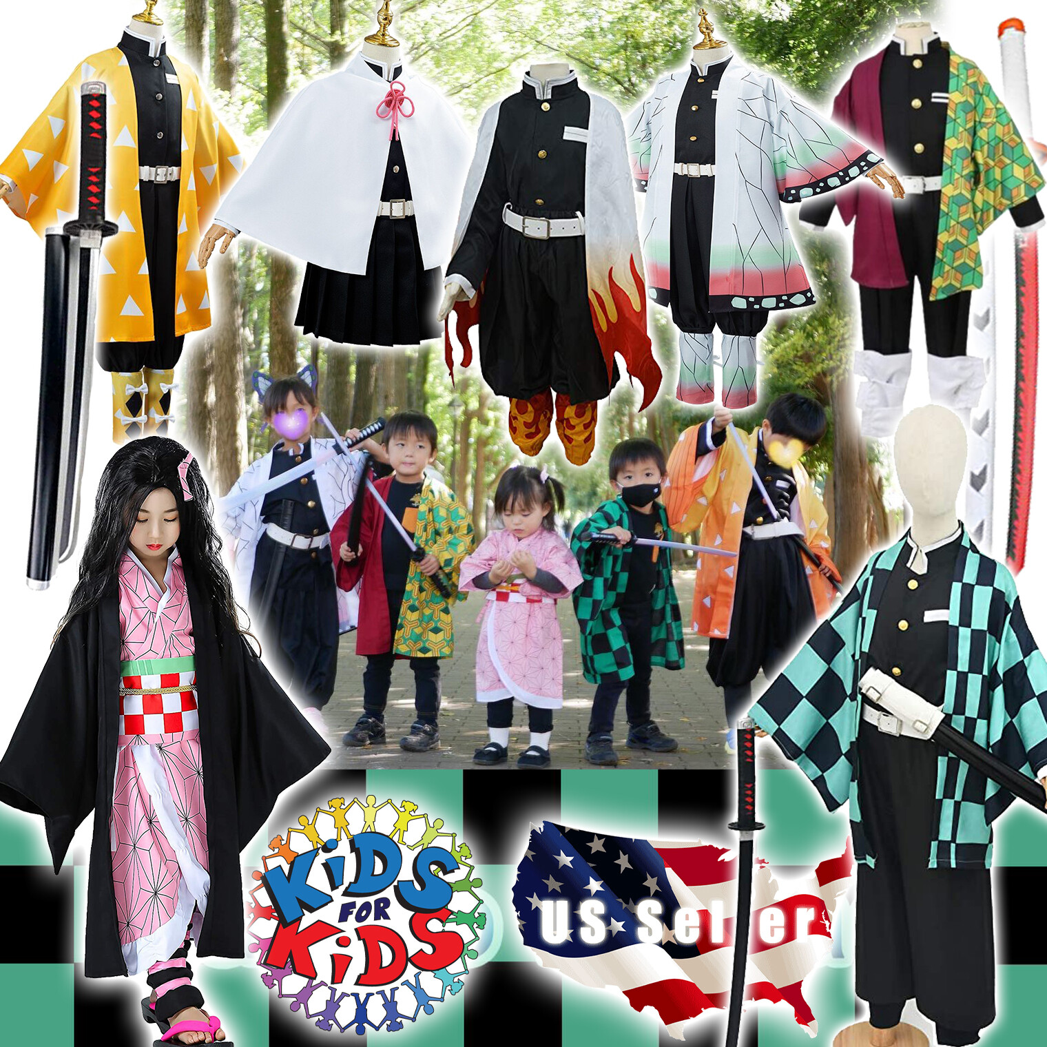 Demon Slayer Cosplay Kids Kimetsu No Yaiba Outfits Girls Boys Sword Wig ...