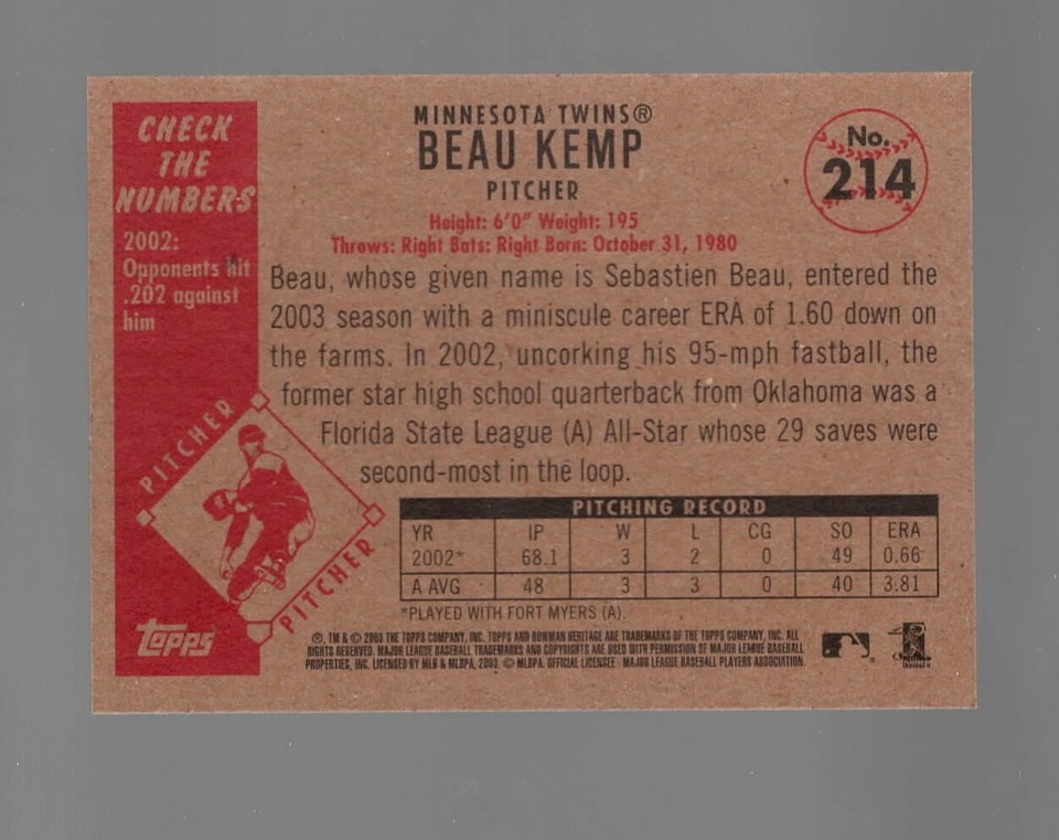 2003 Bowman Heritage #214 Beau Kemp Mint | eBay
