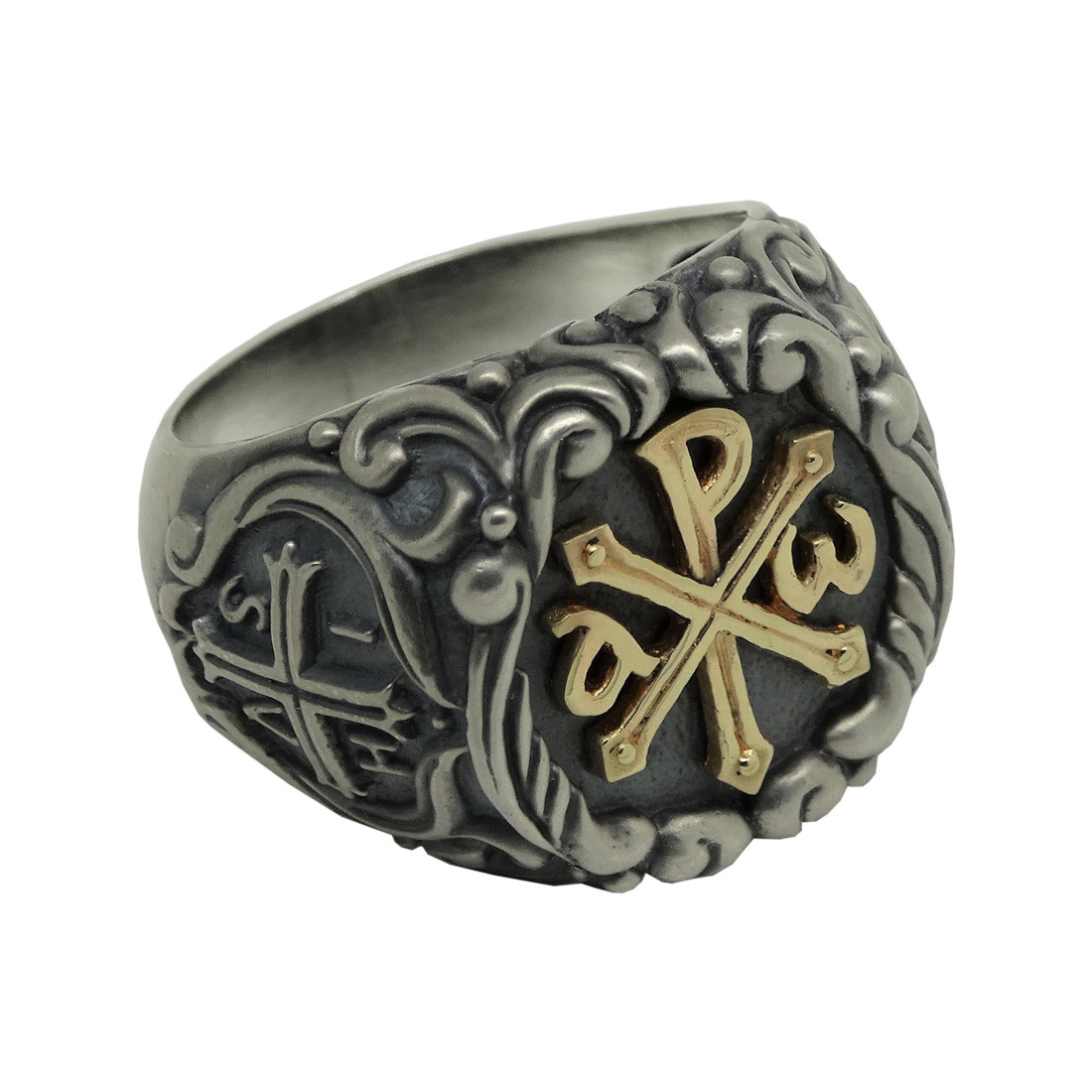 Knights Templar Chi Rho Gold 10K and Silver 925 Alfa Omega Men’s Ring ...