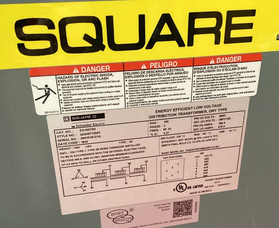 Square D 3 Phase Dry Type Transformer 150 Kva 480 Delta - 208Y/120 Nema ...